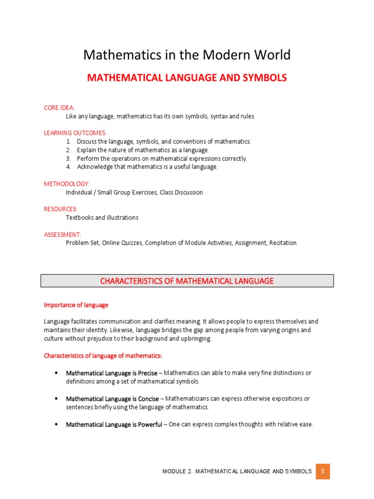 Module 2 Mathematical Language and Symbols 1 | PDF | Set (Mathematics ...