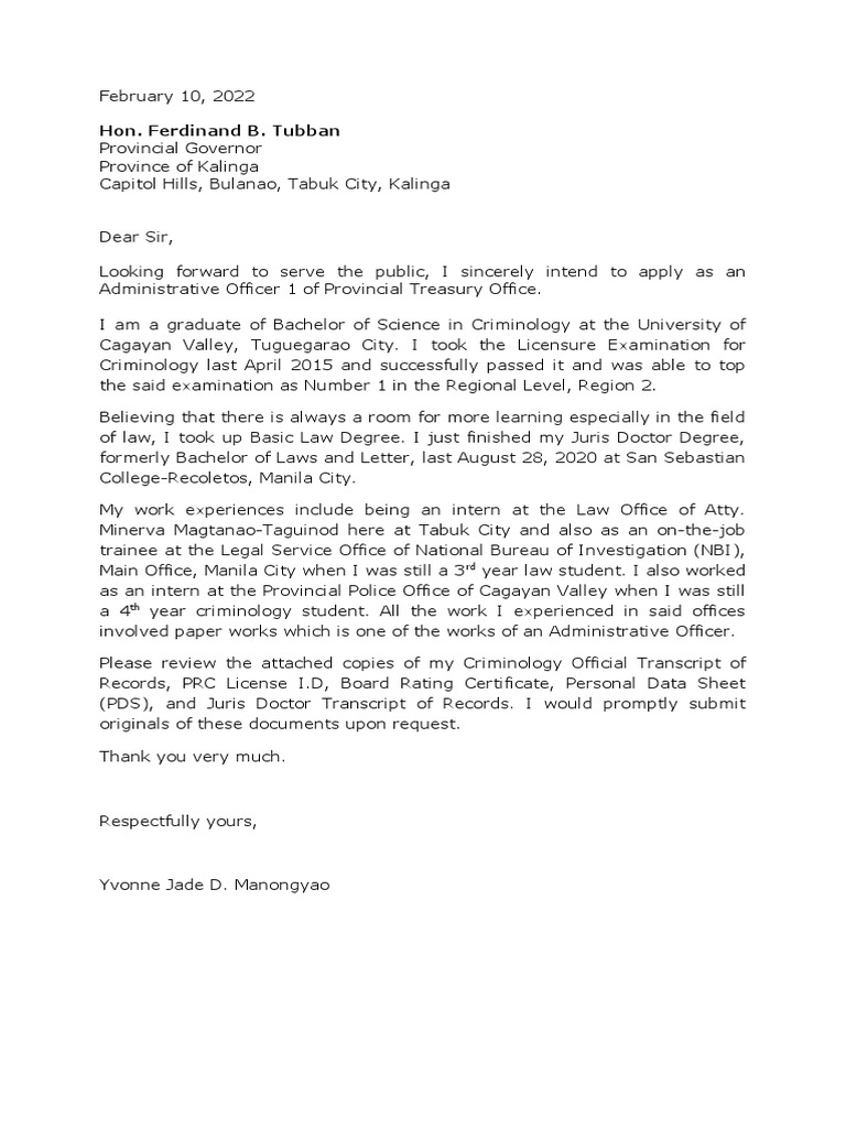 Application Letter - Admin Officer 1 | PDF