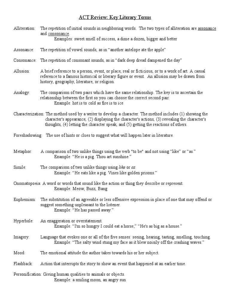 ACT Literary Terms Review Guide | PDF | Metaphor | Analogy