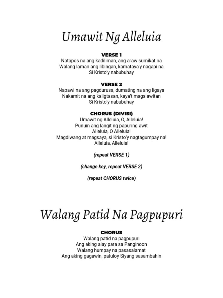 10 Copies Umawit NG Alleluia Lyrics Only | PDF