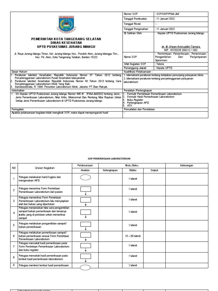 SOP Permintaan Pemeriksaan, Penerimaan, Pengambilan Dan Penyimpanan Spesimen | PDF