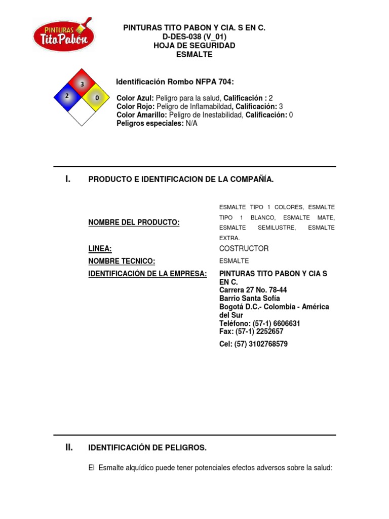 D-DES-038 Hoja de Seguridad Esmalte.V 01 | PDF | Agua | Cromo
