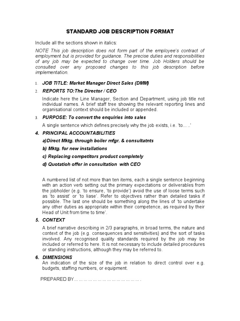 Standard Job Description Format | PDF