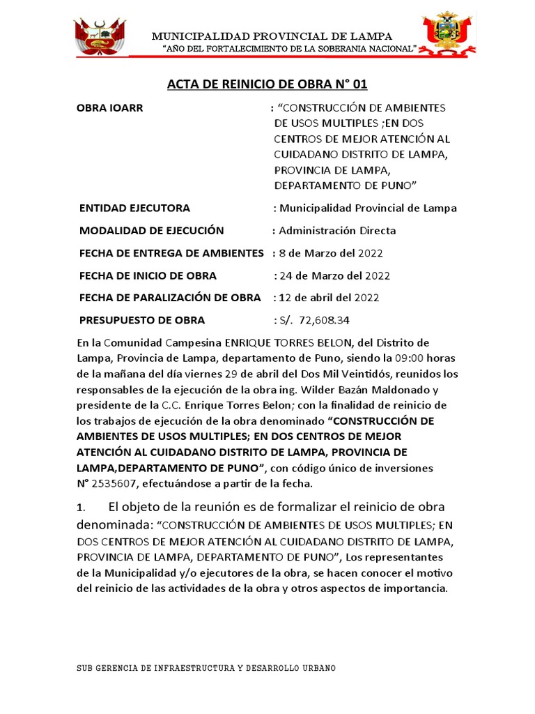 Acta de Reinicio de Obra | PDF