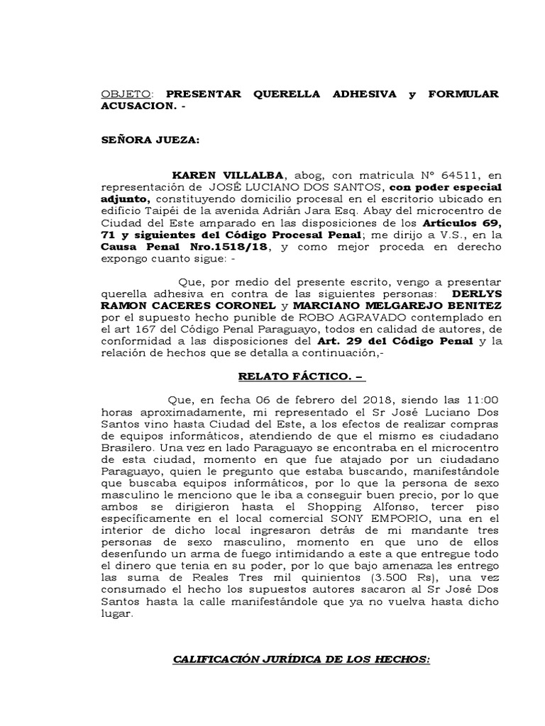 Escrito de Querella | PDF | Queja | Procedimiento legal