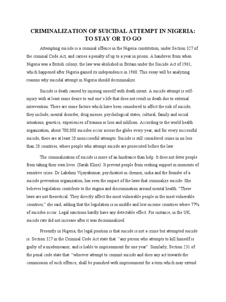 Criminalization of Suicidal Attempt in Nigeria | PDF | Suicide | Crimes
