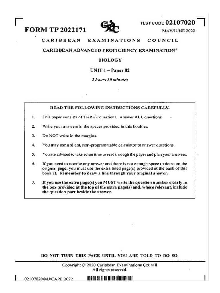 CAPE Biology Unit 1 Paper 2 2022 | PDF