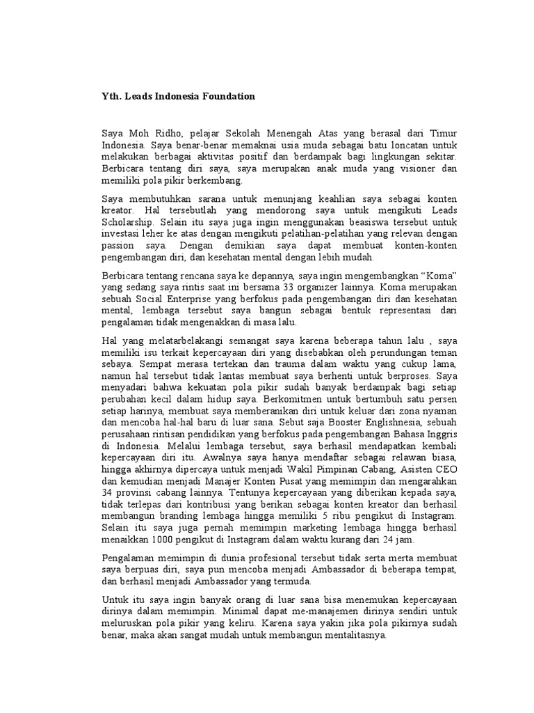 Moh Ridho - Motivation Letter | PDF