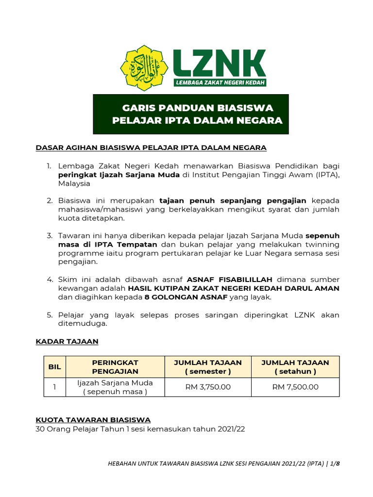 DASAR AGIHAN BIASISWA PENDIDIKAN LZNK Intake Okt 2021 1 | PDF