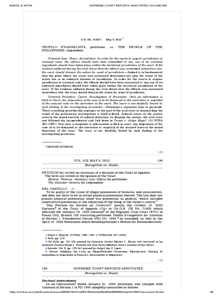 Evangelista vs. People, 620 SCRA 134 (5 May 2010) | PDF | Prosecutor ...