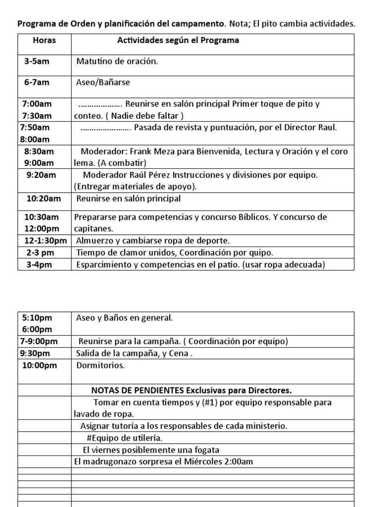 Horario General de Campamento Juvenil Sept | PDF