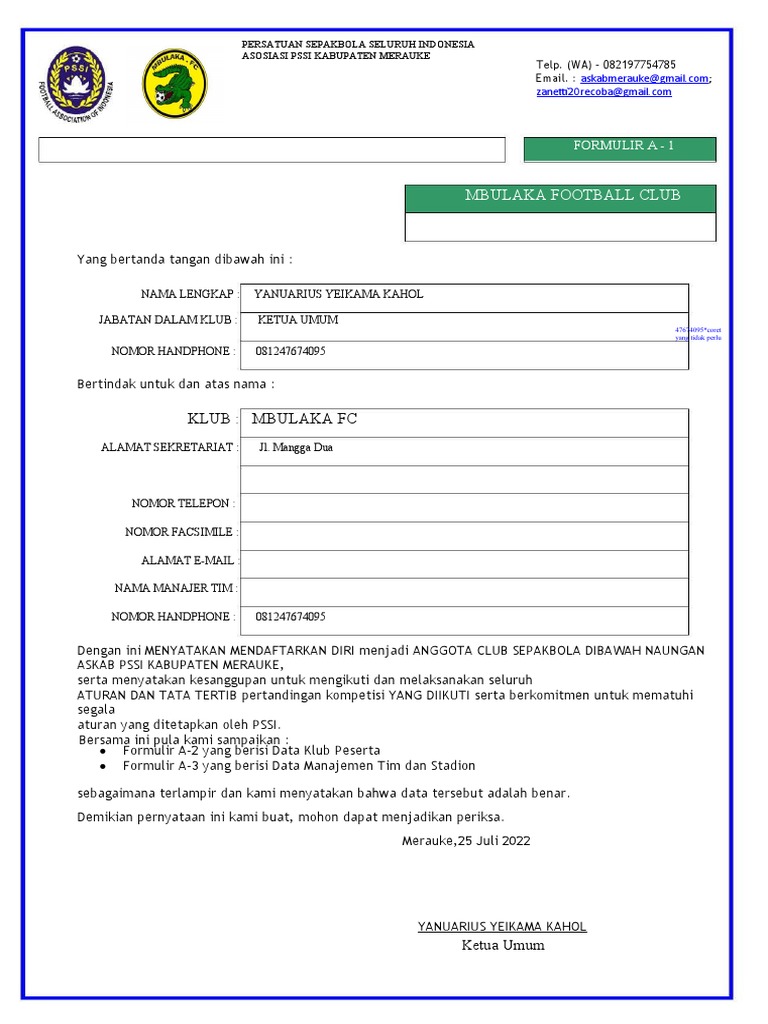 Pendaftaran Mbukala FC ke PSSI Merauke | PDF