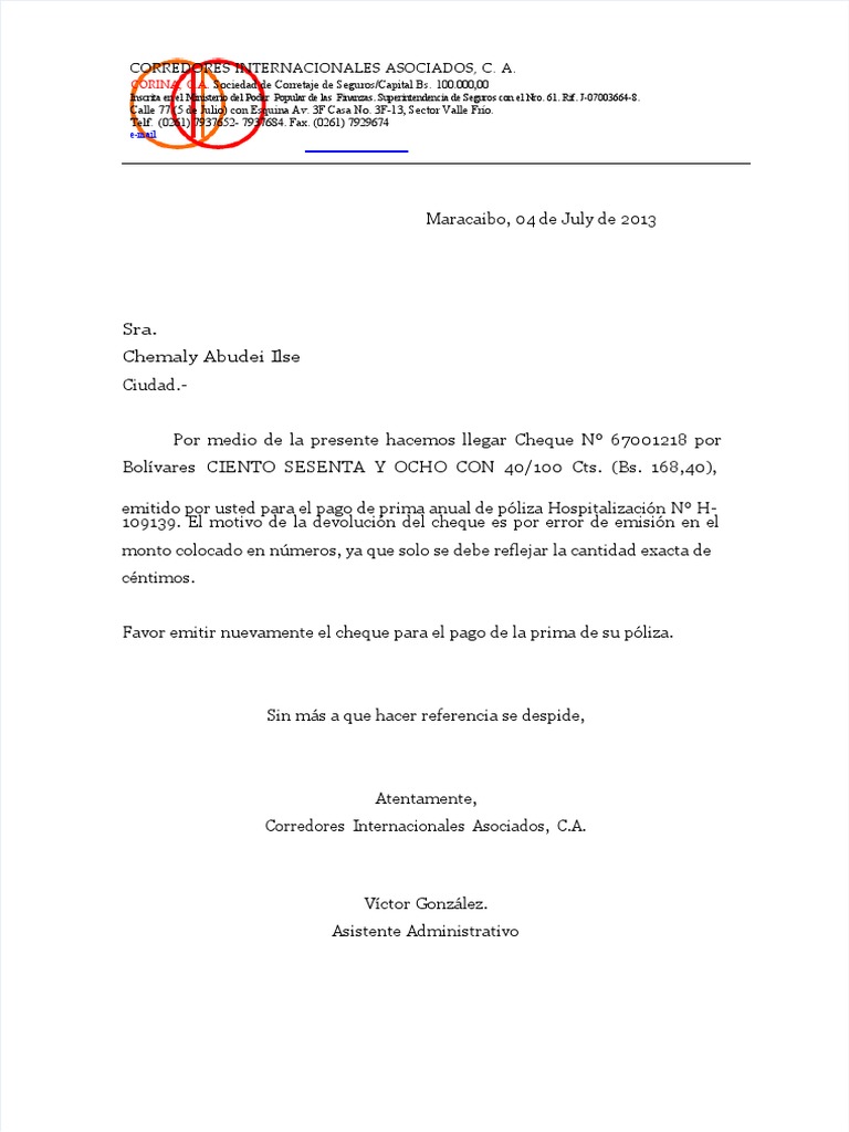 PDF Carta Cheque Devuelto | PDF | Finanzas y dinero