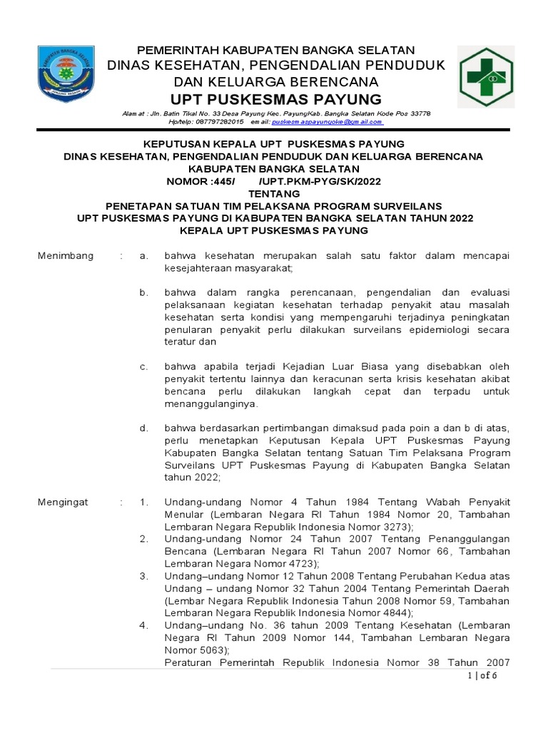 SK Tim Pelaksana Program Surveilans Pkmpyg 2022 | PDF