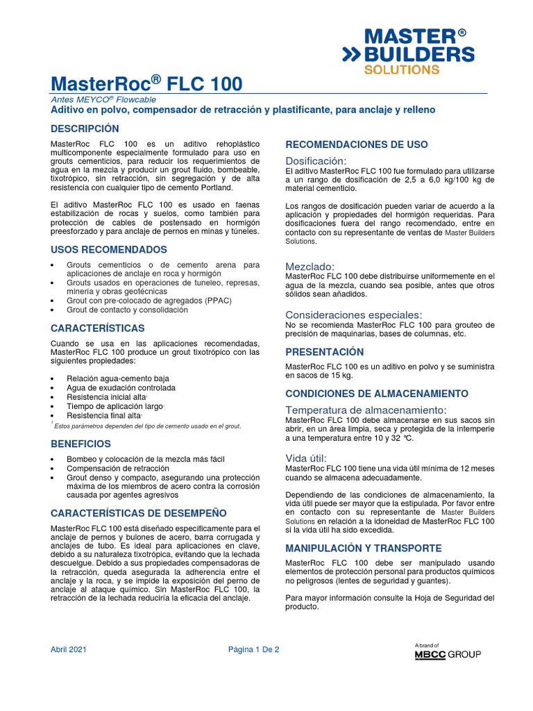 05 Ficha Tecnica Masterroc-Flc-100 | PDF | Hormigón | Cemento