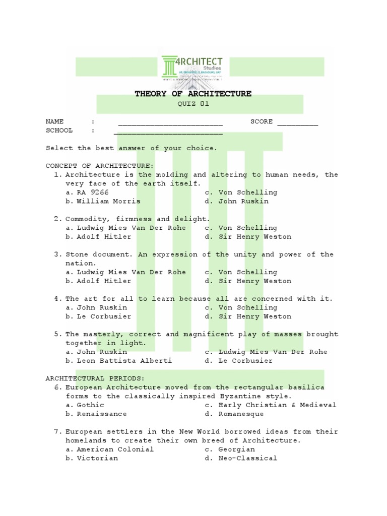 THEORY OF ARCHITECTURE QUIZ 01 - QUESTIONNAIRE (1) | PDF | Color | Hue