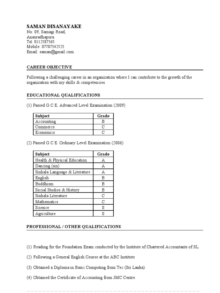 General CV Format 1 | PDF | Sri Lanka | Qualifications