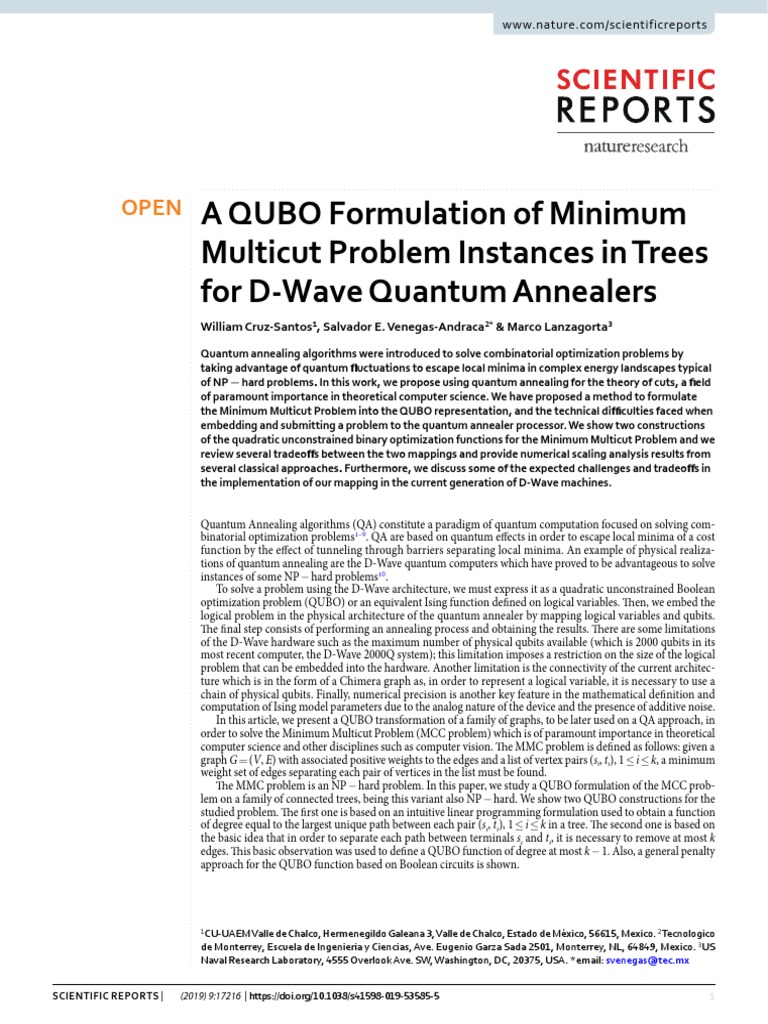 A Qubo Formulation of Minimum Multicut Problem Instances in Trees For D-Wave Quantum Annealers ...