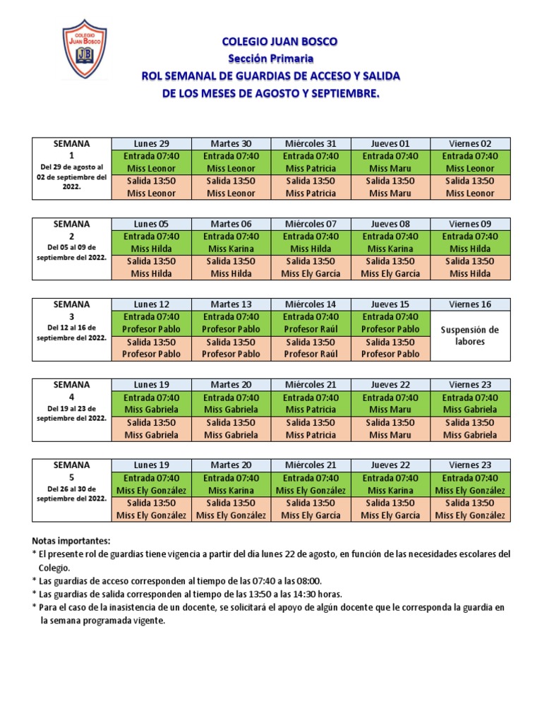 Rol de Guardias de Los Meses de Agosto y Septiembre 2022 | PDF