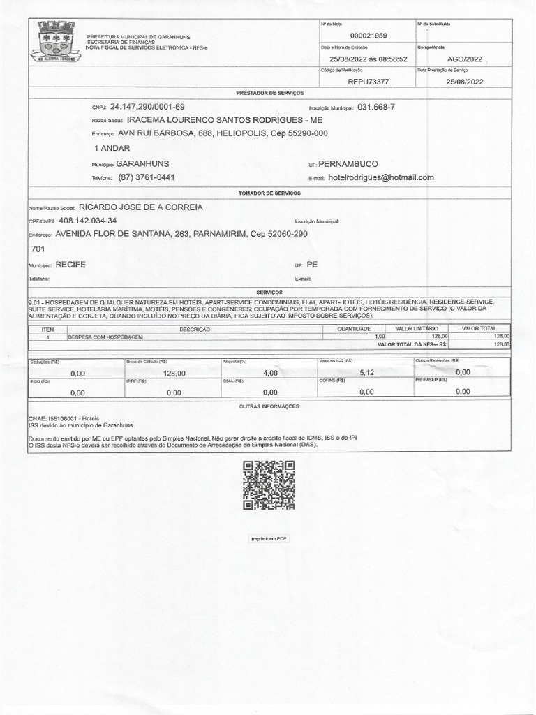 Nota Hotel Rodrigues | PDF