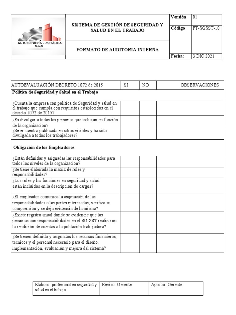 FT-SGSST-10 Formato de Auditoria Interna | PDF | Auditoría | Business FT-SGSST-10 Formato de Auditoria Interna | PDF | Auditoría | Business