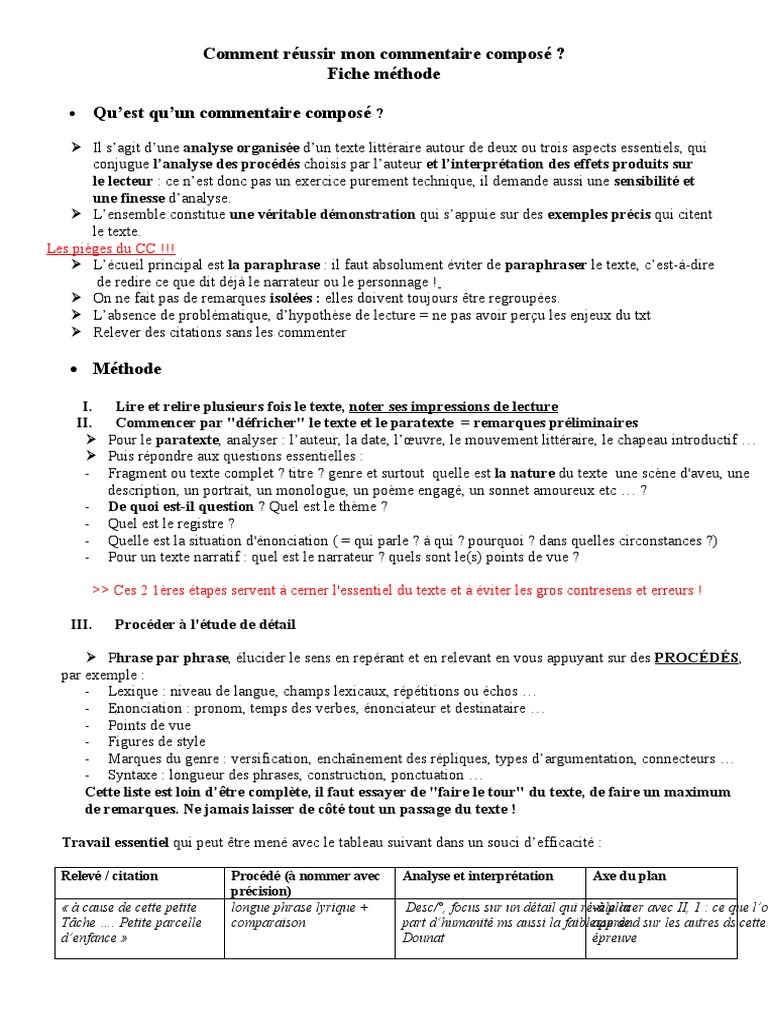 Réussir son commentaire composé | PDF | Phrase | Lexique