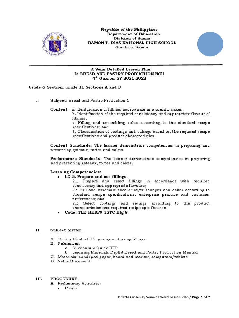 Lesson Plan: Cake Fillings & Techniques | PDF | Cakes | Lesson Plan