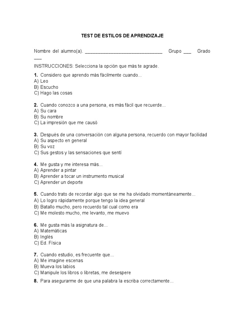 Test de Estilos de Aprendizaje VAK | PDF