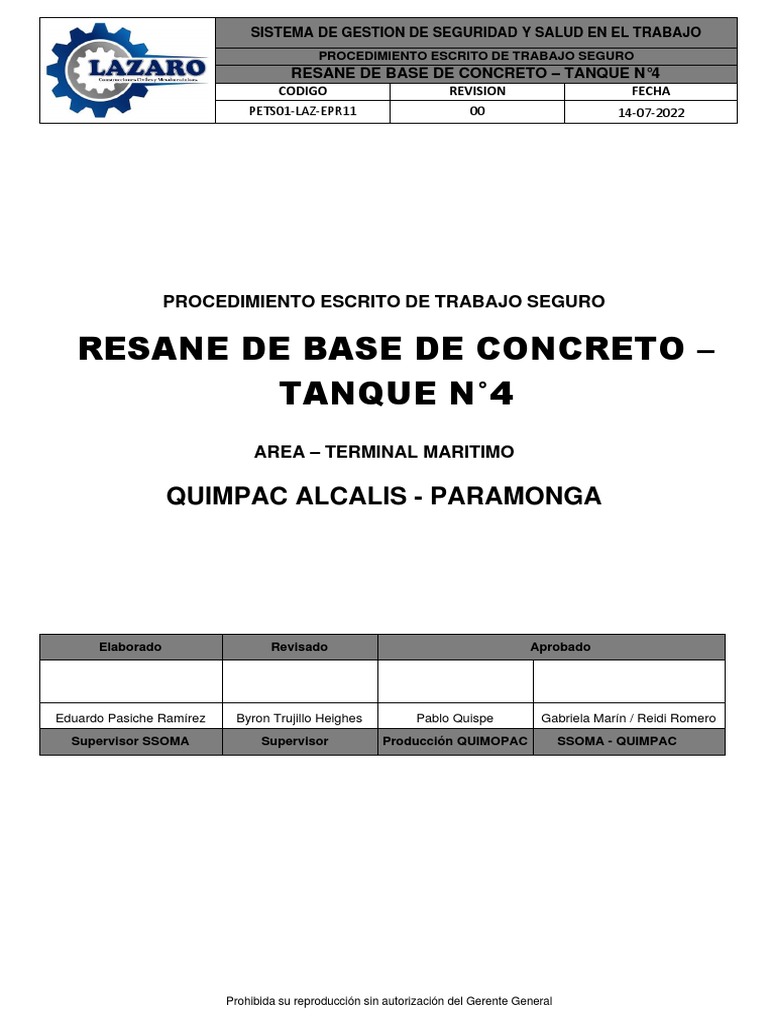 Procedimiento Resane de Base de Concreto Tanque N4 - Terminal Maritimo | PDF | Riesgo | Residuos