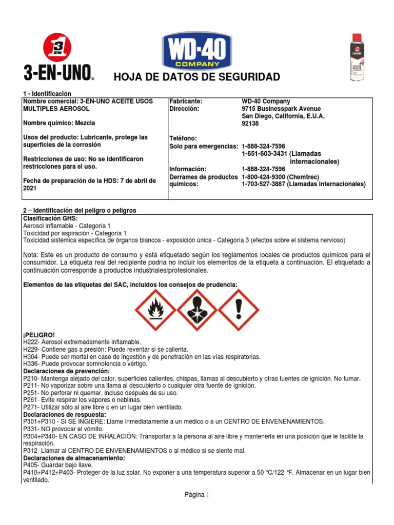 Aceite 3 en 1: Hoja de Seguridad | PDF | Agua | Combustión