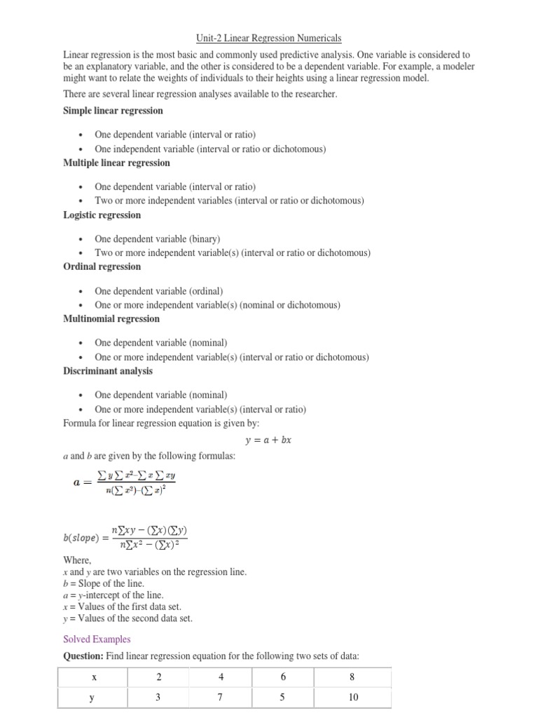 Linear Regression Examples & Formulas | PDF | Regression Analysis | Dependent And Independent ...