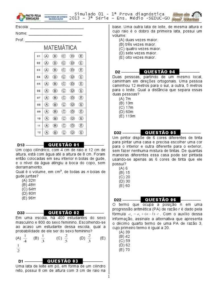 (Simulado 01) - (Mat. 3 Série EM) | PDF