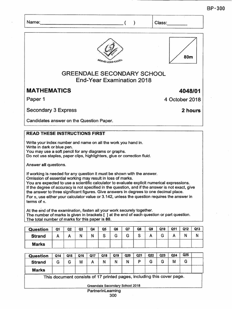 E-Math Sec 3 Sa2 2018 Greendale Sec | PDF