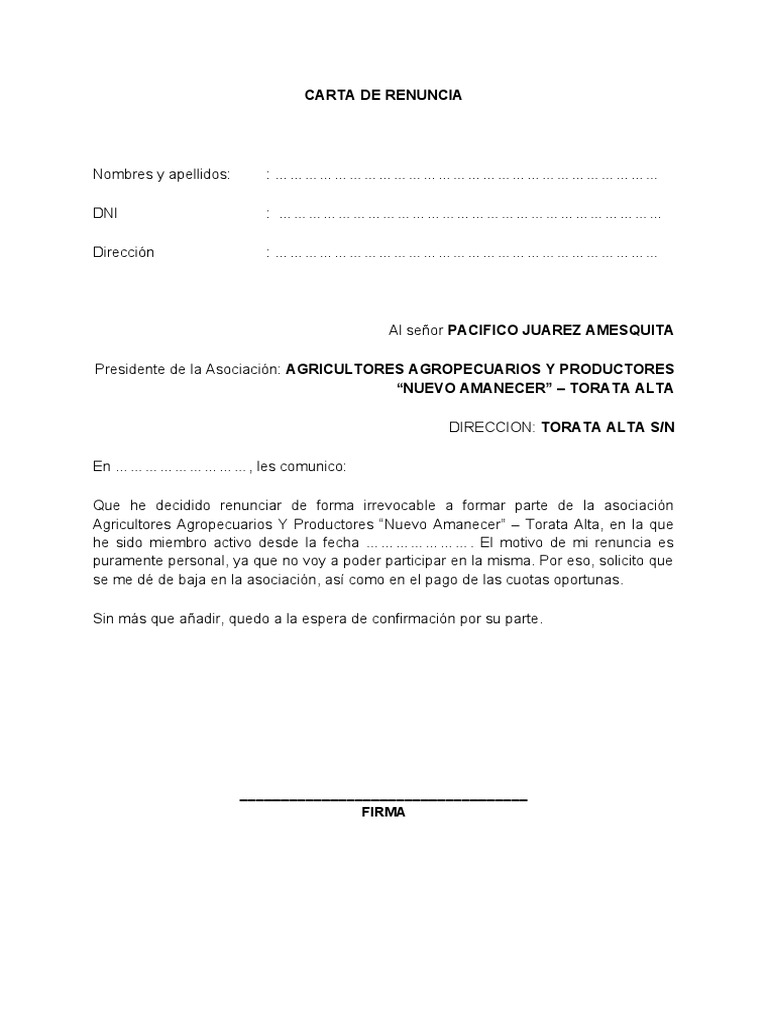 Modelo Carta De Renuncia Asociación Pdf