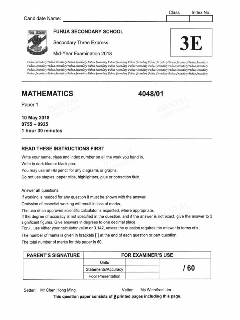 Sec 3 E Math Fuhua Sec SA1 2018i | PDF | Elementary Mathematics ...