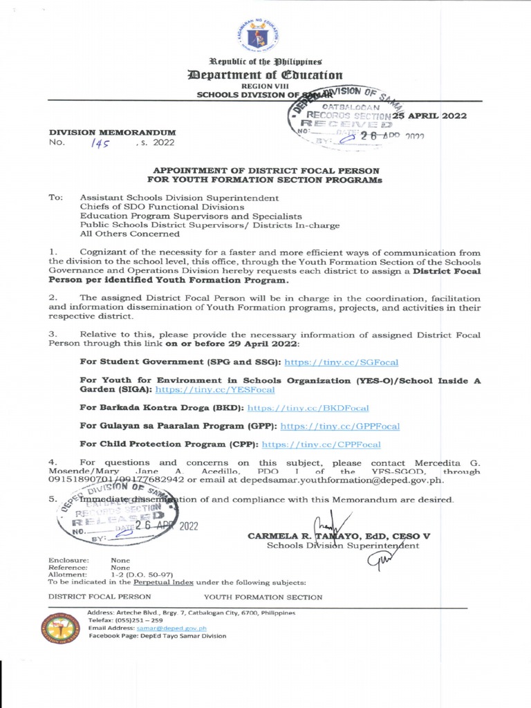 Division Memo No 145, s.2022 - APPOINTMENT OF DISTRICT FOCAL PERSON FOR YOUTH FORMATION SECTION ...