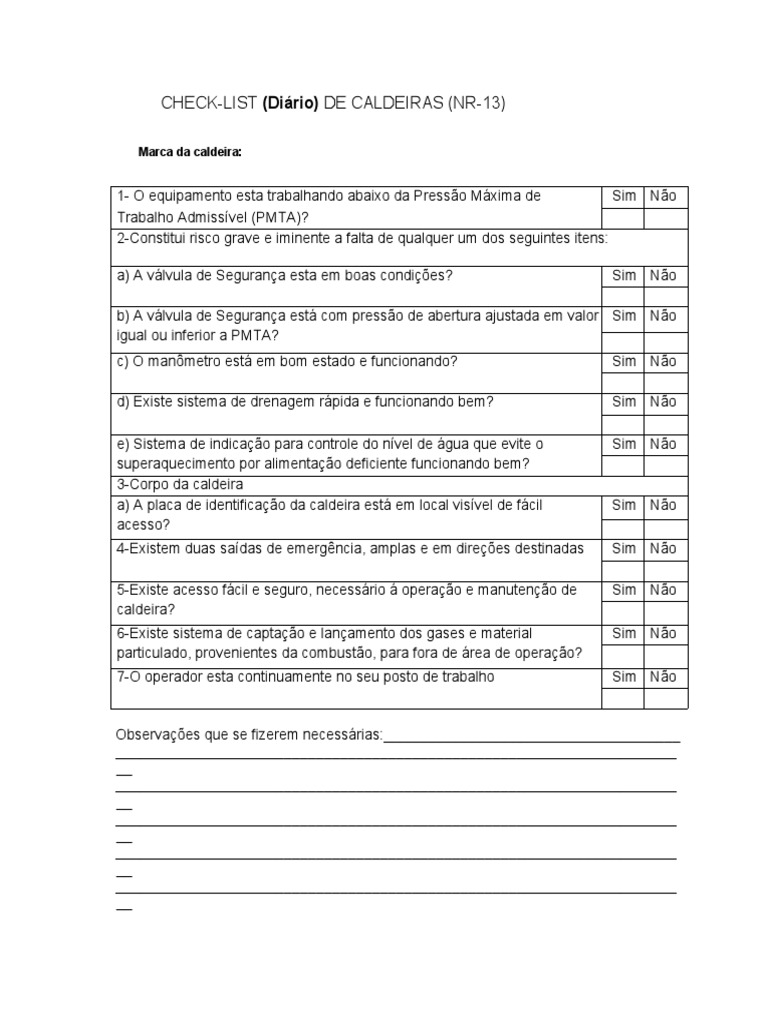 Check List Diario Caldeira | PDF