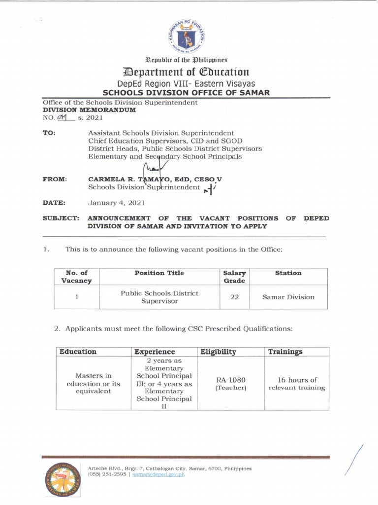 Division Memo No 014, s.2021 - Announcement of The Vacant Positions of ...
