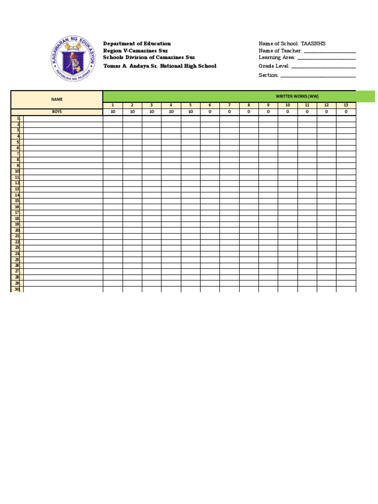E Class Record Template Pdf