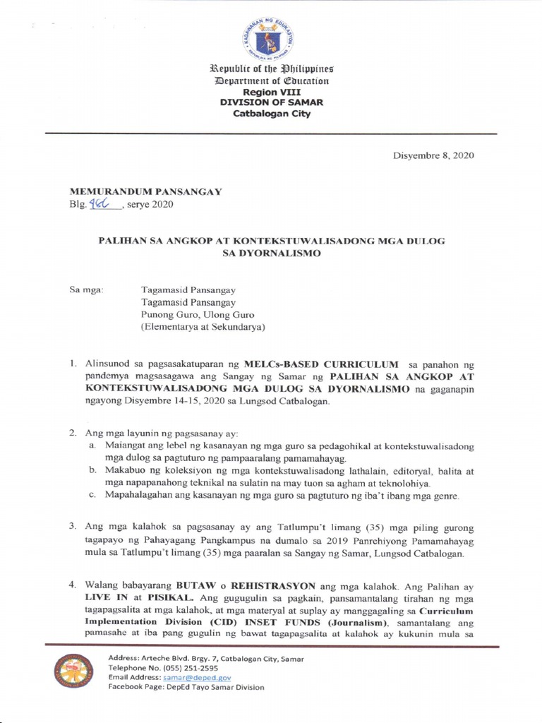 Division Memo No 486, S.2020 - PALIHAN SA ANGKOP AT KONTEKSTUWALISADONG MGA DULOG SA DYORNALISMO ...