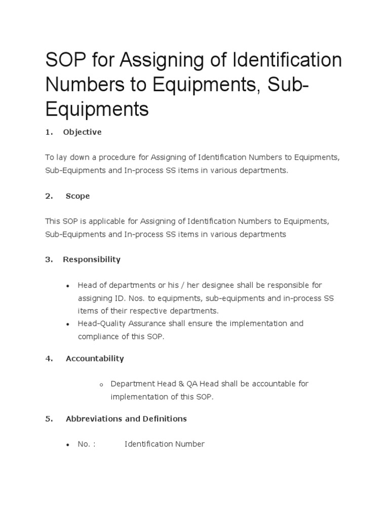 SOP for Equipment ID Numbering System | PDF | Manufactured Goods | Science