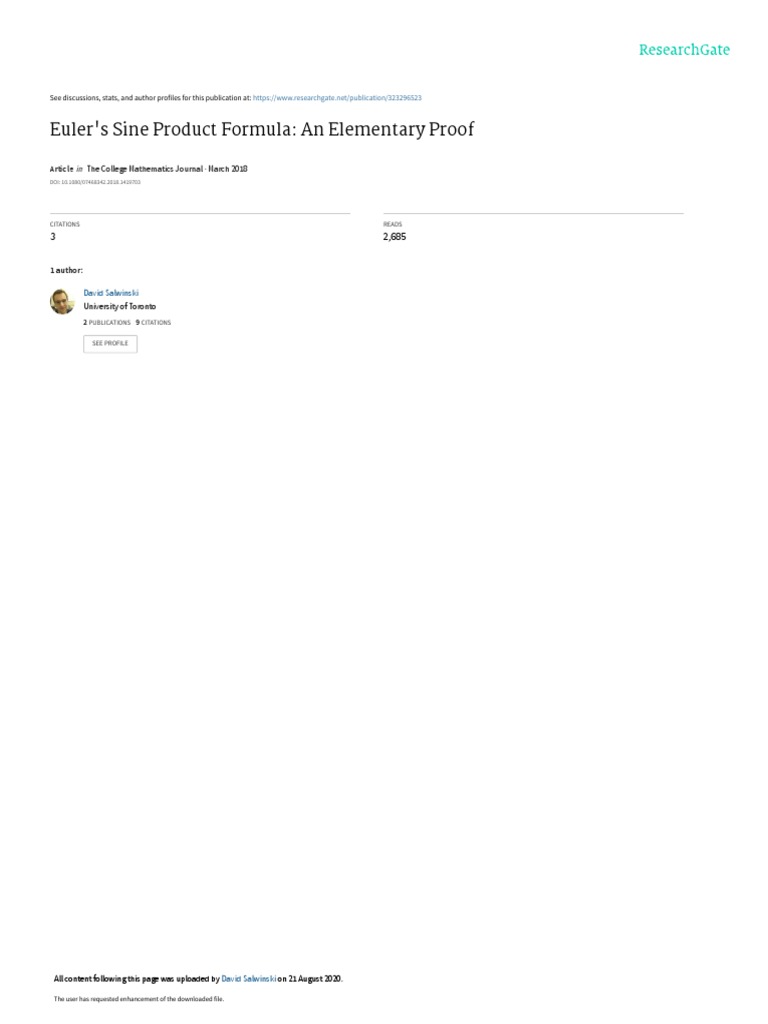 Eulers Sine Product Formula | PDF | Trigonometric Functions | Pi