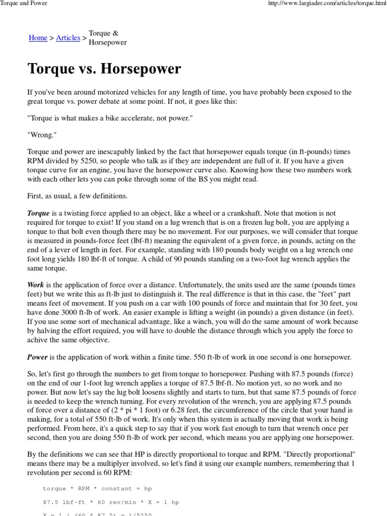 Torque and Power | PDF | Torque | Horsepower