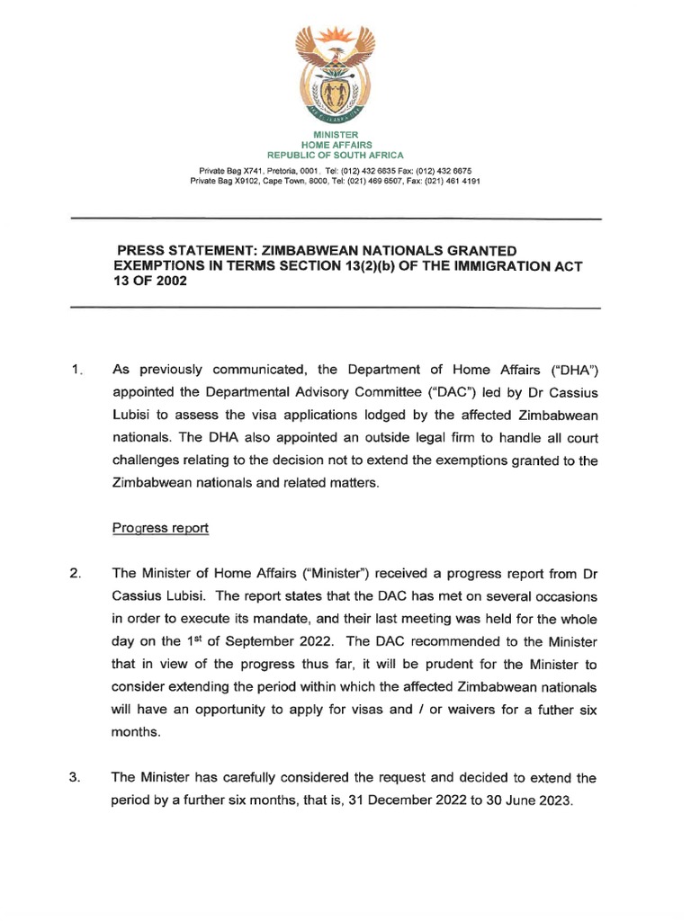 Press Statement - Zimbabwean Nationals Granted Exemption in Terms of ...