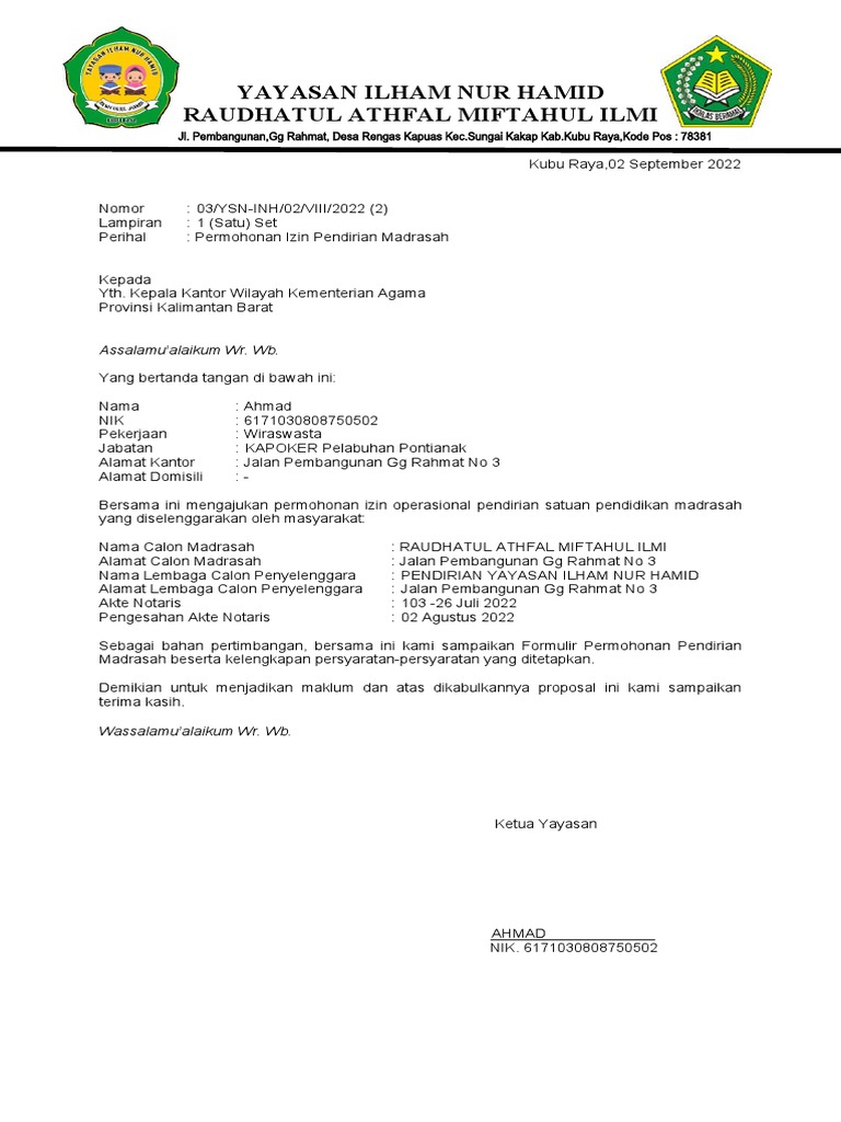 Proposal Pendirian RA MIFTAHUL ILMI | PDF