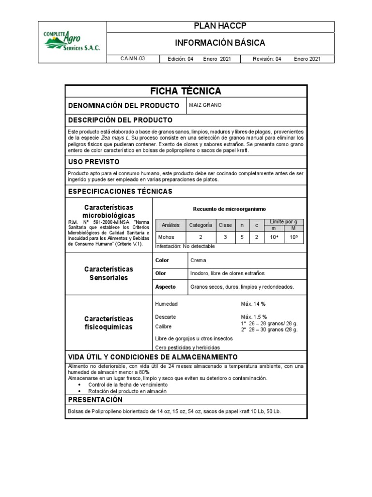Ficha Técnica Maiz | PDF | Alimentos | Maíz