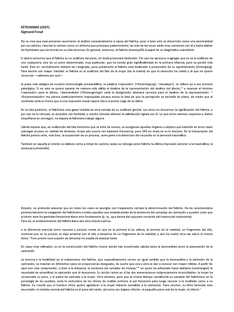 Freud analiza el fetiche como un sustituto del falo materno perdido en ...
