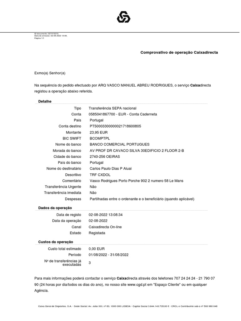 Comprovativo de Transferência SEPA | PDF
