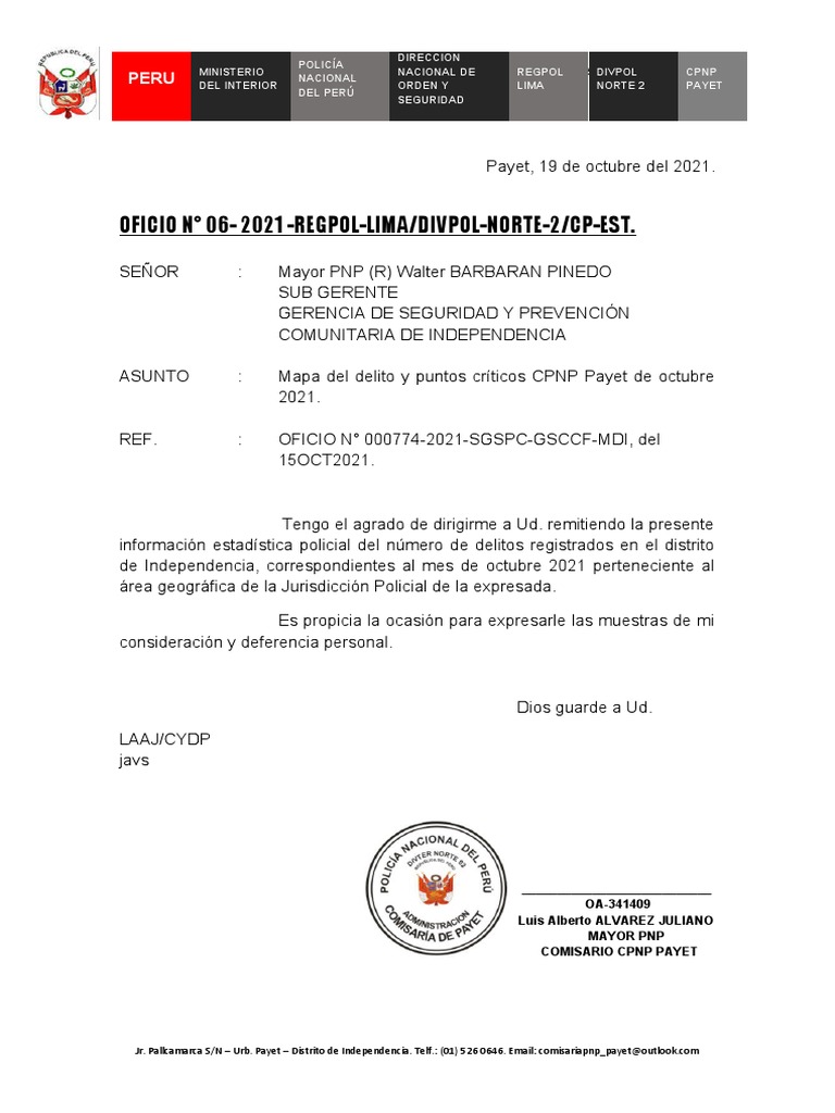 Oficio 2021 CPNP Payet | PDF | Perú | Cumplimiento de la ley