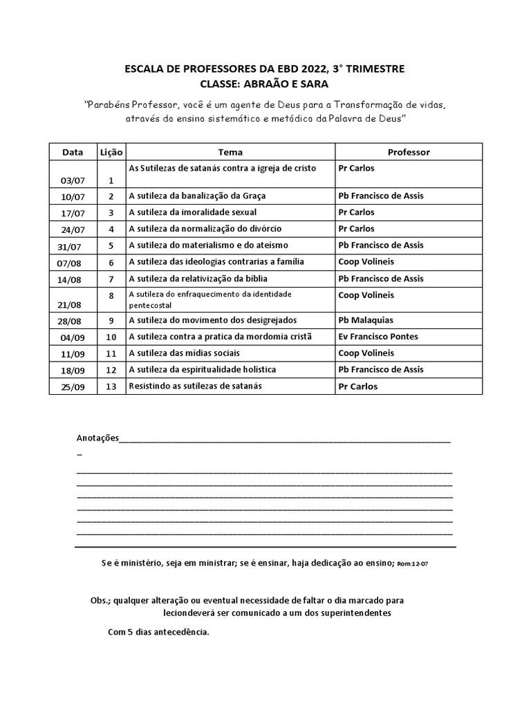 Escala de Professores Da Ebd 2022 3ºt | PDF | Jesus | Apóstolo Paulo